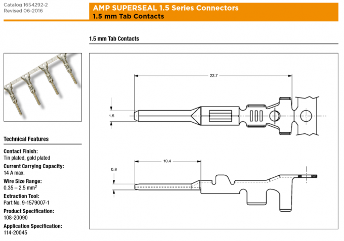 TE Connectivity AMP Connector Wire to Wire Ternimal AMP Superseal 1.5mm Series Tab Contacts ...